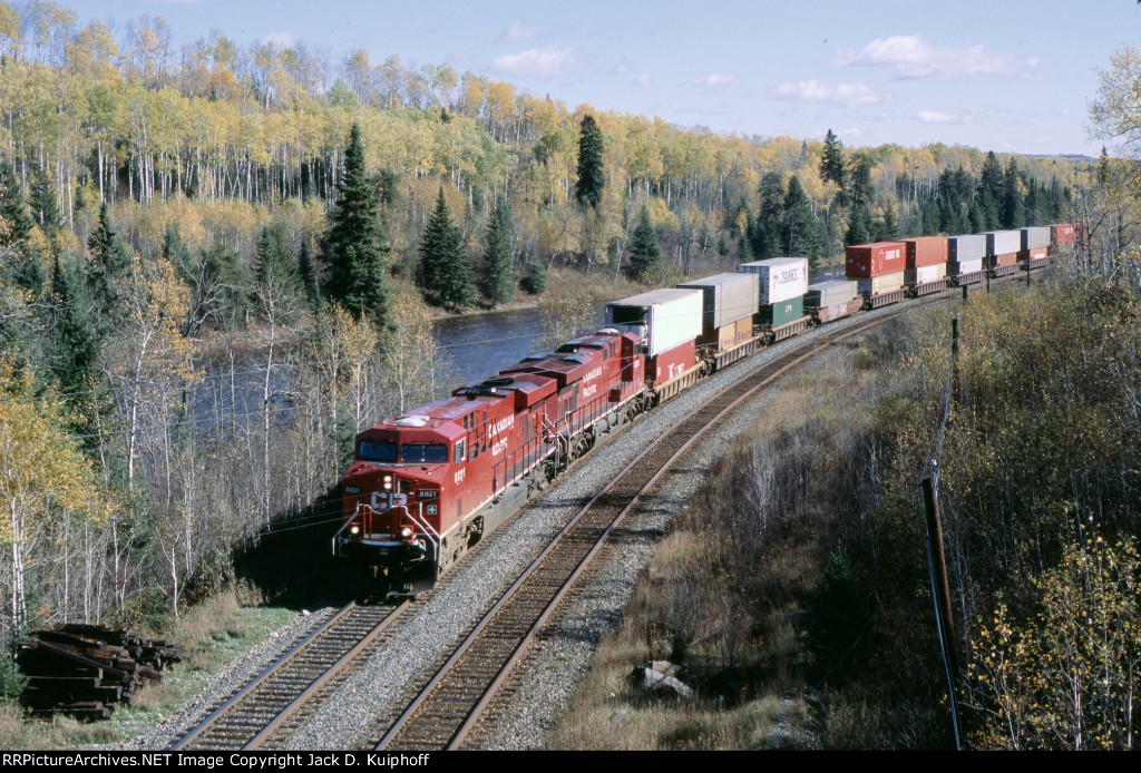 CP 8821 & 8832 is west bound with a stack train